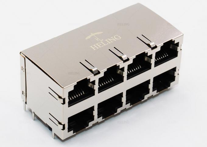 Shielded 2 x 4 Ports RJ45 Modular Jack Connector R / A THT Mounting ...