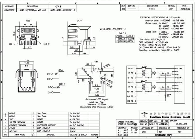 EMI Gasket 1000Base T RJ45 Shielded Connector With Integrated Magnetics
