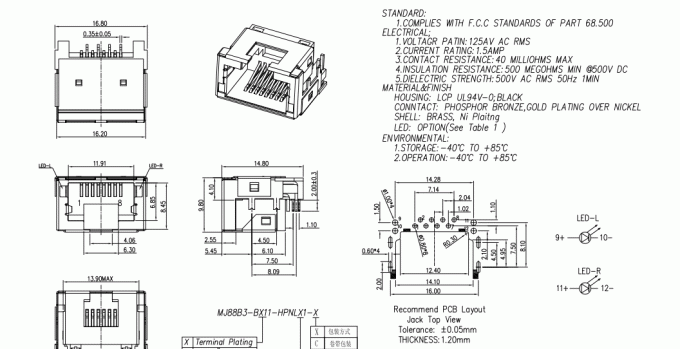 Right Angle 8P8C Tab Down RJ45 Female PCB Connector