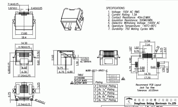 SMT Overhangs PCB RJ45 Jack Ethernet Connector Female Type